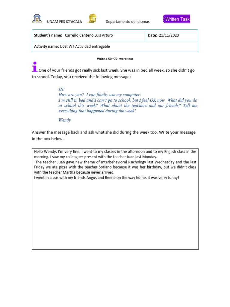 L3 U3 Wrriten Task | PDF | Wellness