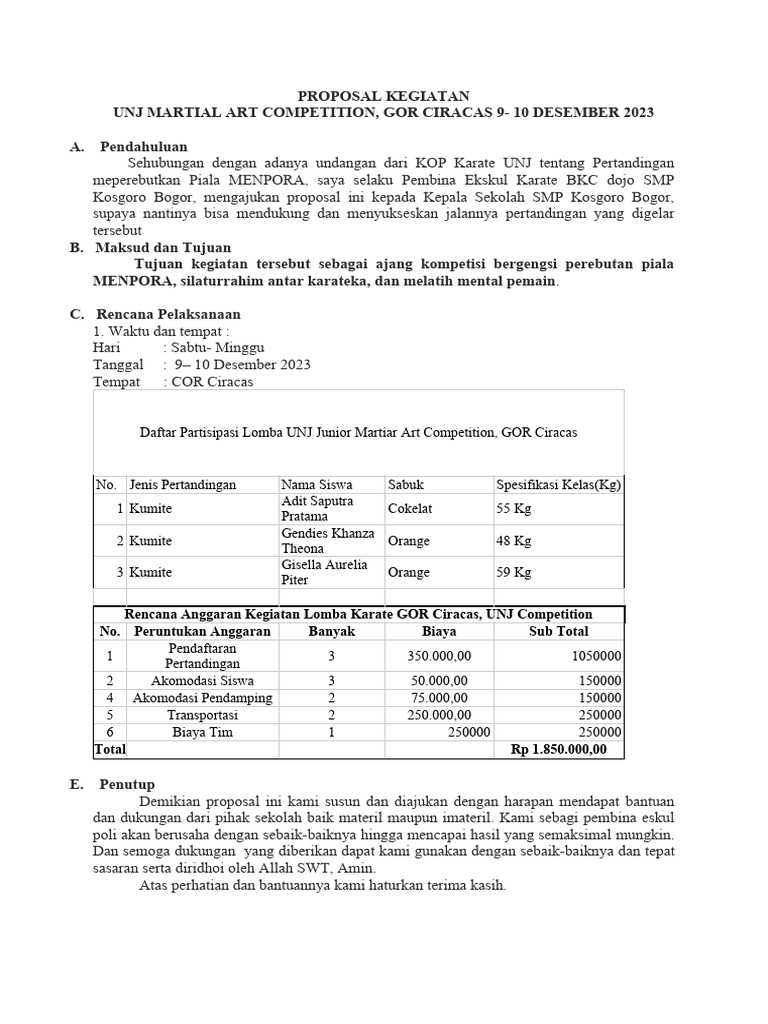 Proposal Kejuaraan Karate 2023 | PDF