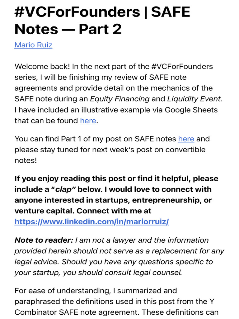 #VCForFounders | SAFE Notes — Part 2 | by Mario Ruiz | Medium | PDF