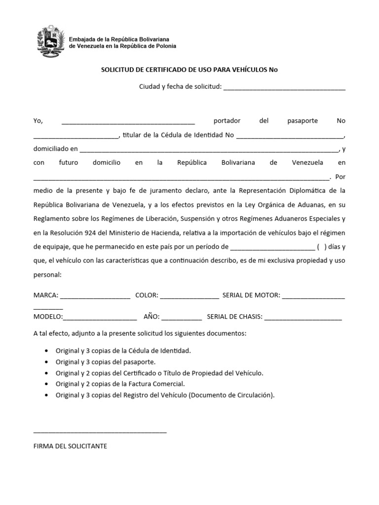 SOLICITUD-de-certificado-de-uso-vehiculo | PDF