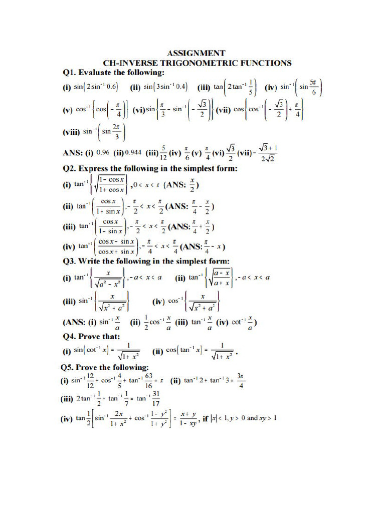 Class 12 Inverse Trigonometry Assignment | PDF