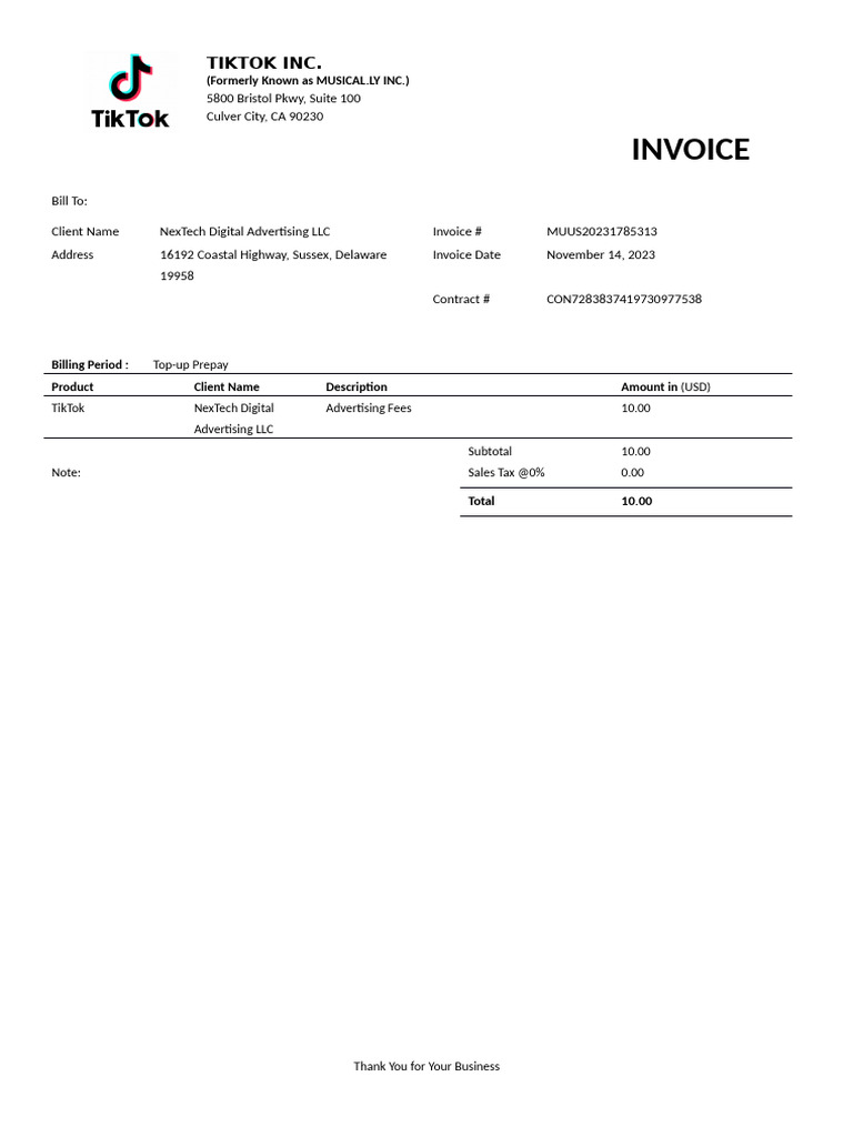 Invoice: Tiktok Inc | PDF