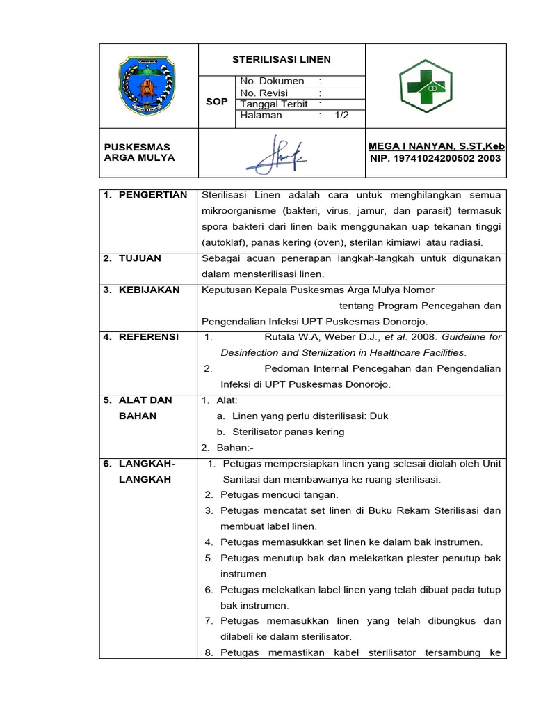 SOP LINEN - Sterilisasi-Linen | PDF | Sains & Matematika