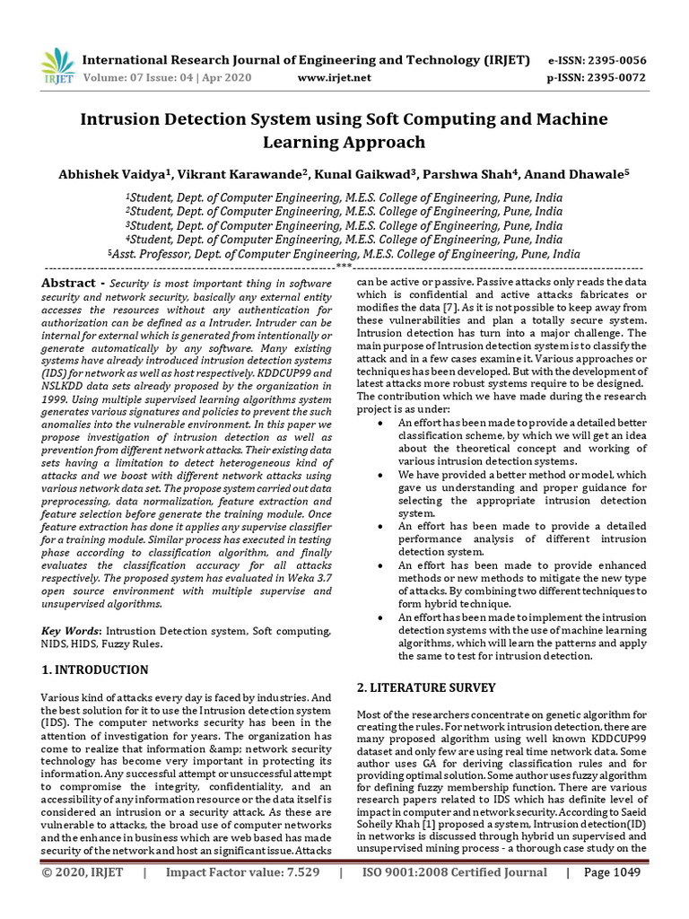 IRJET Intrusion Detection System Using S | PDF | Machine Learning | Statistical Classification