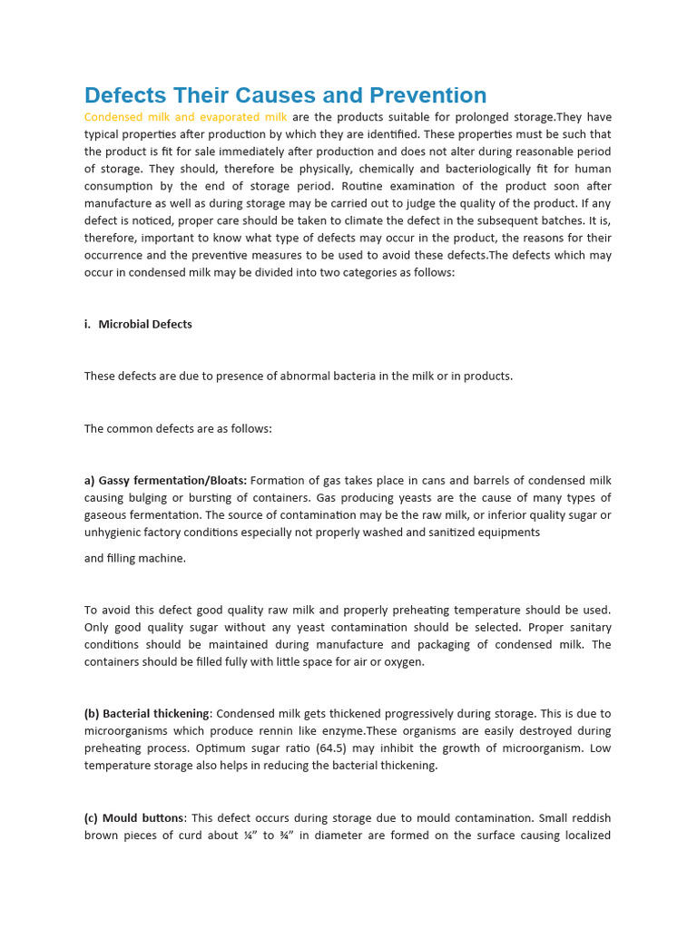 Defect in Evaporated and Condensed Milk | PDF | Milk | Sterilization (Microbiology)