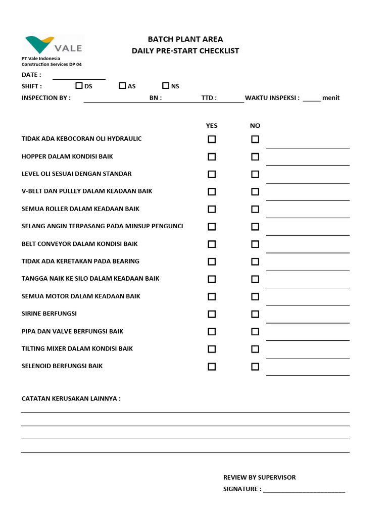BATCH PLANT PRE-START CHECKLIST - Copy | PDF BATCH PLANT PRE-START CHECKLIST - Copy | PDF