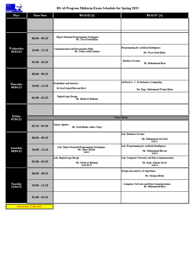 BSAI Program Midterm Exams Schedule For Spring 2023 | PDF | Artificial Intelligence ...