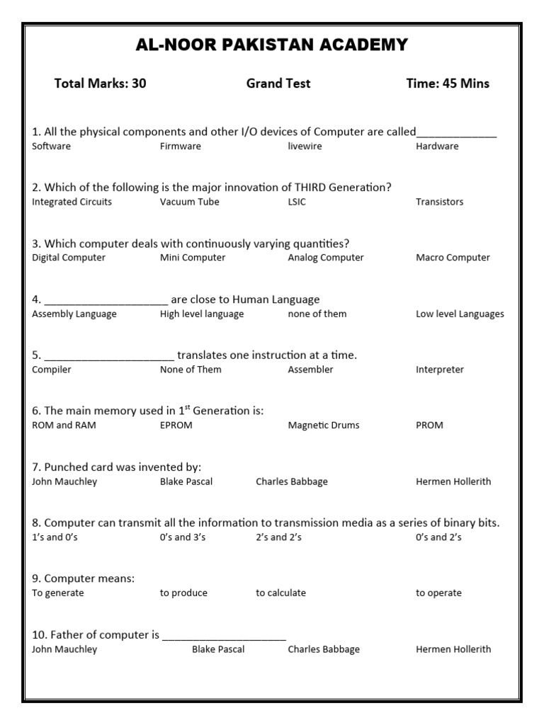 Class 9 Computer Grand Test | PDF | Computers