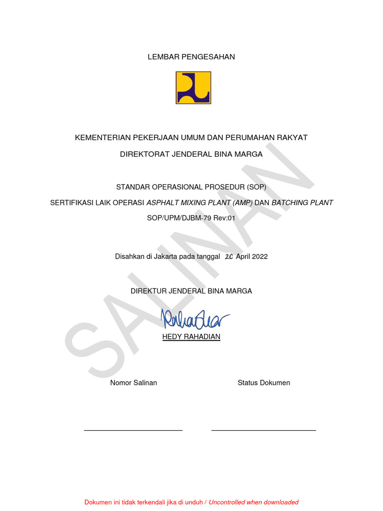 Sopupmdjbm 79 Rev01 Standar Operasional Prosedur Sertifikasi Laik Operasi Asphalt Mixing Plant ...