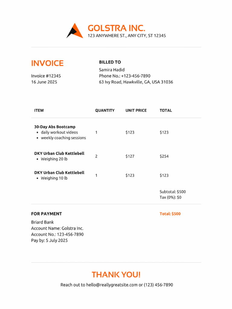 Fitness Invoice in Orange Black Basic Style | PDF
