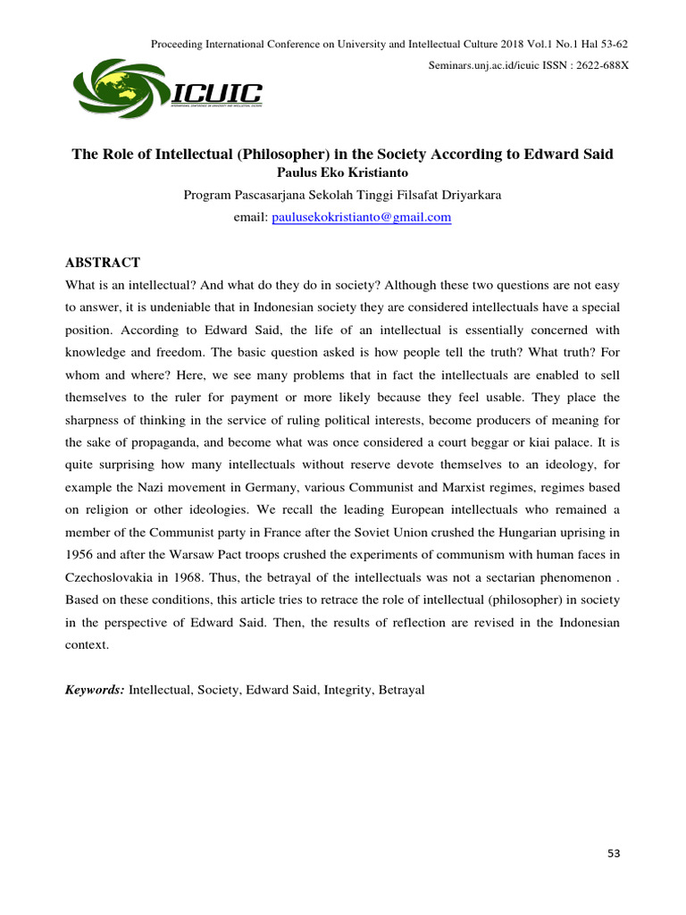 The Role of Intellectual Philosopher in The Society According To Edward ... The Role of Intellectual Philosopher in The Society According To Edward ...