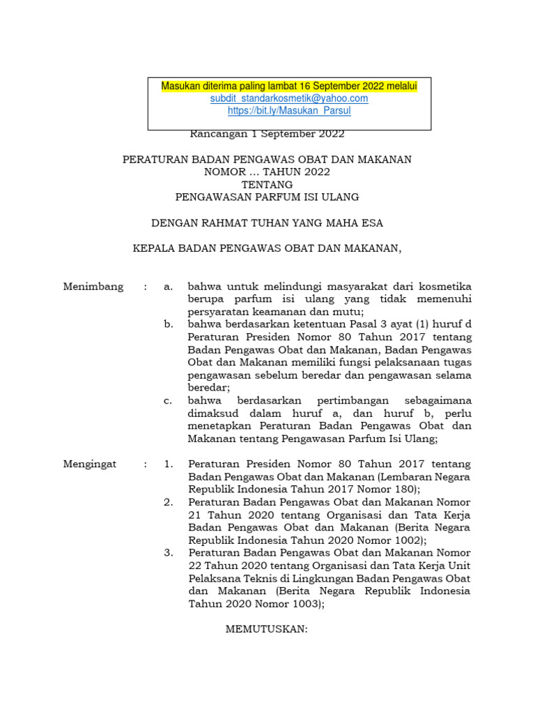 2022 - Rancangan Pengawasan Parfum Isi Ulang | PDF