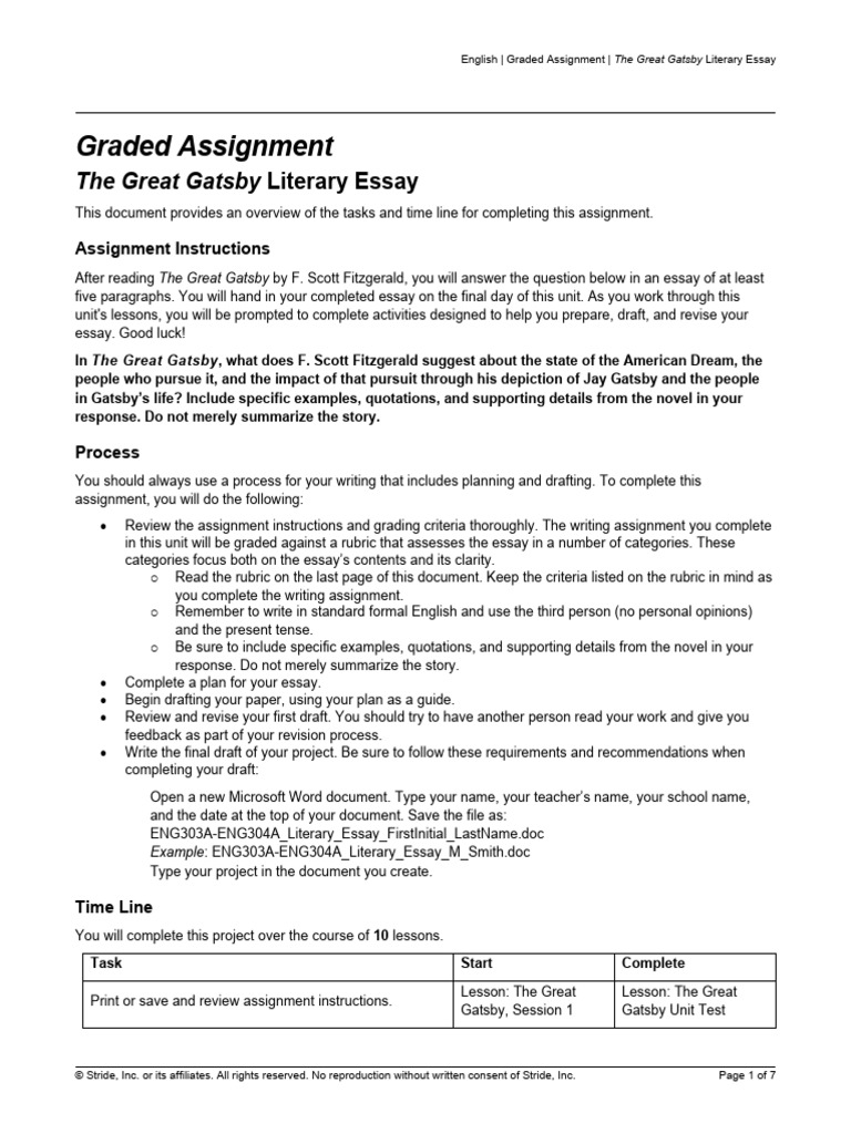 Graded Assignment: The Great Gatsby Literary Essay | PDF | Narration ...
