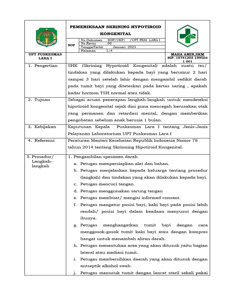 18.sop Pemeriksaan SHK | PDF