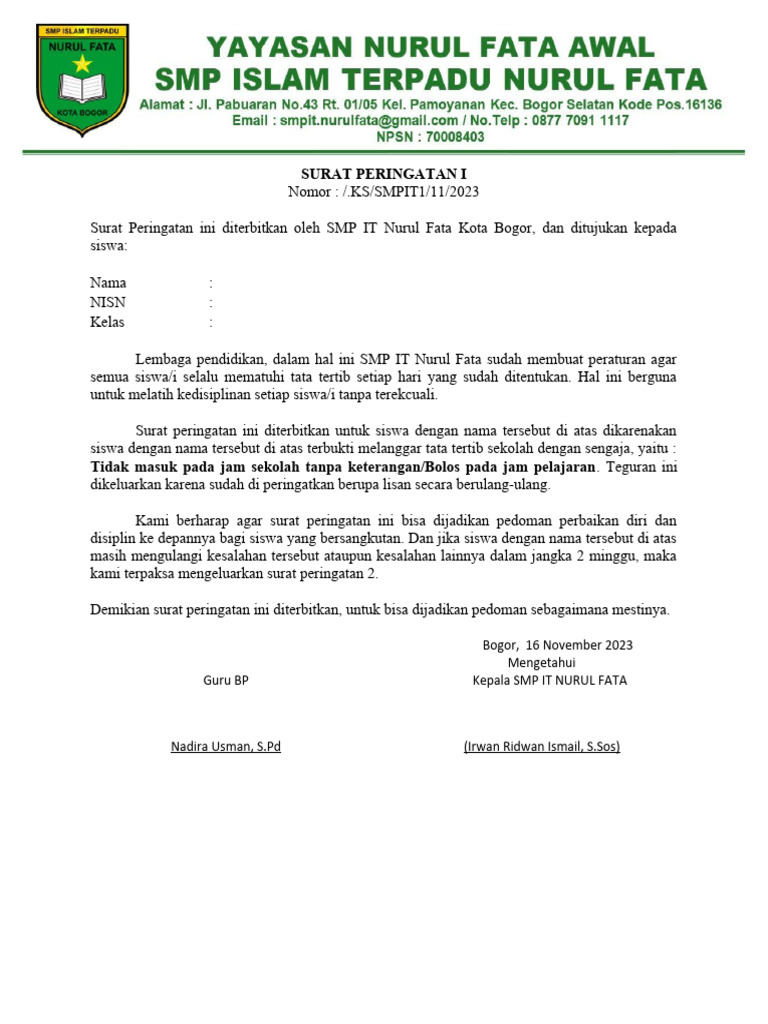 Surat Peringatan SISWA (SP 1)1 | PDF