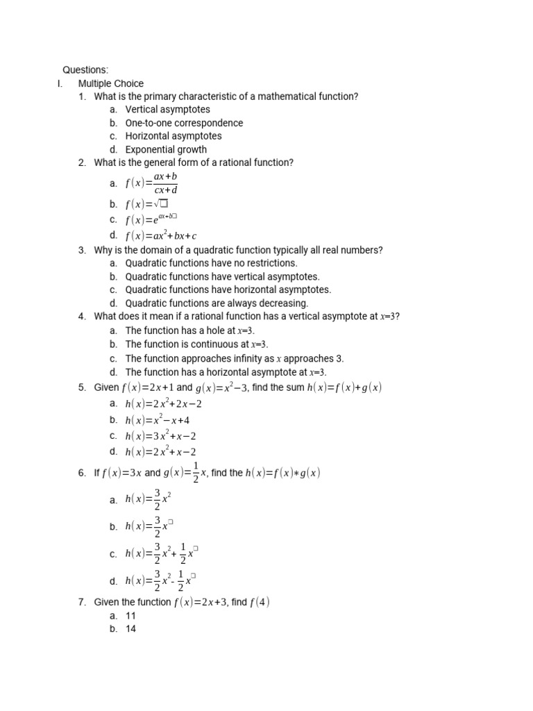 Sample Questions in General Mathematics | PDF | Function (Mathematics) | Asymptote