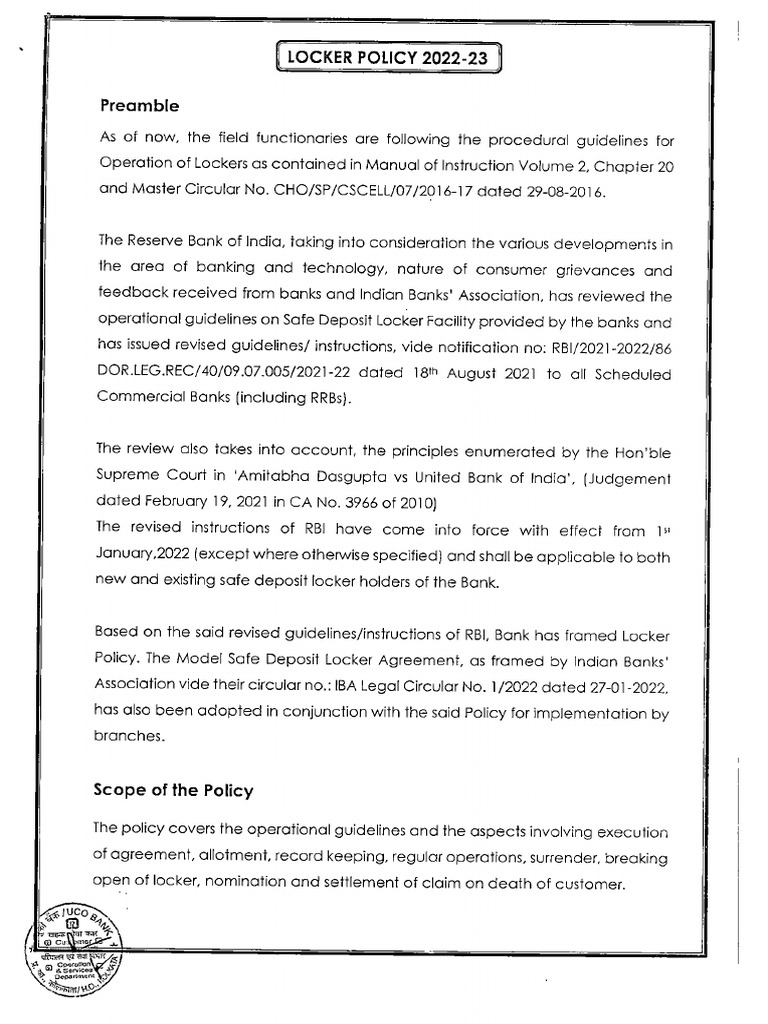 Locker Policy 2022-23 | PDF | License | Banks