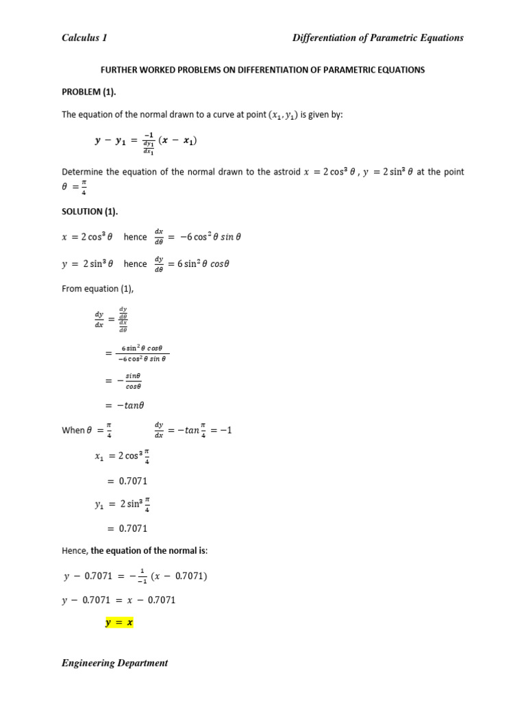 4.3 Further Worked Problems On Differentiation of Parametric Equations | PDF | Equations | Curvature