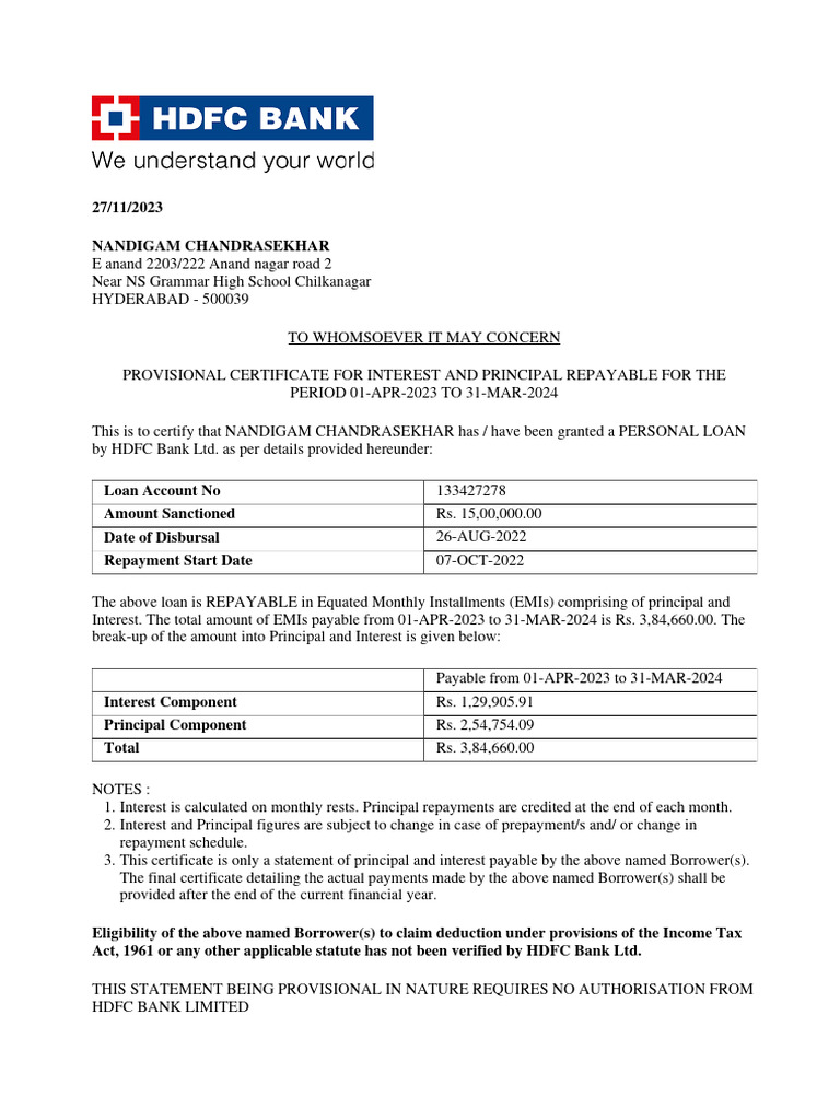 HDFC Provisional Interest Certificate FY 2024-25 | PDF | Law
