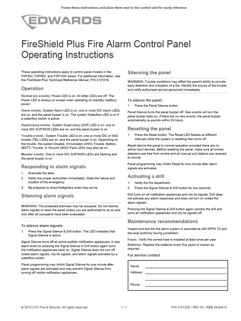 R02 FireShield Plus Fire Alarm Control Panel Operating Instructions ...