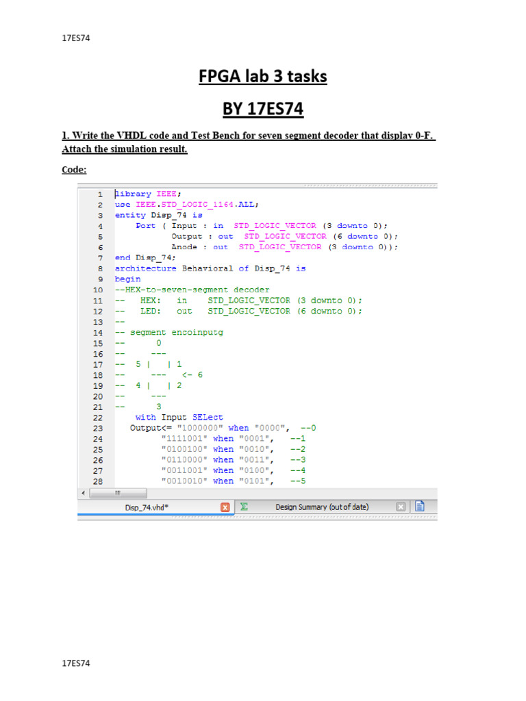 FPGA Lab 3 Tasks_17ES74 | PDF