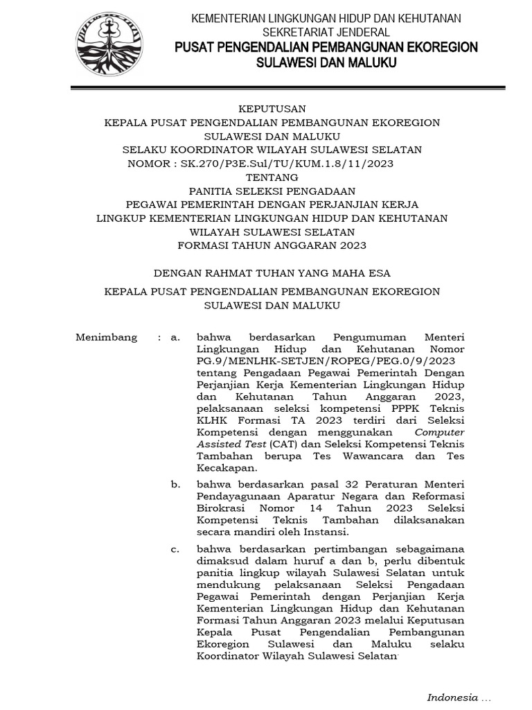 Kop SK Koorwil Pengadaan Casn KLHK 2023 Fix | PDF