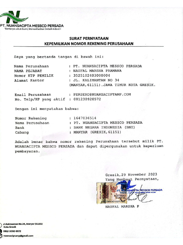 Surat Keterangan Kepemilikan Rekening Perusahaan | PDF
