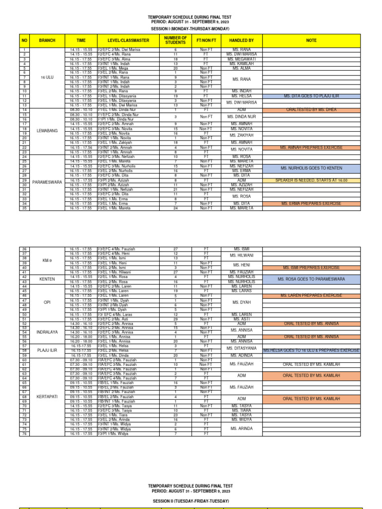 Temporary Schedule FT August 23 | PDF