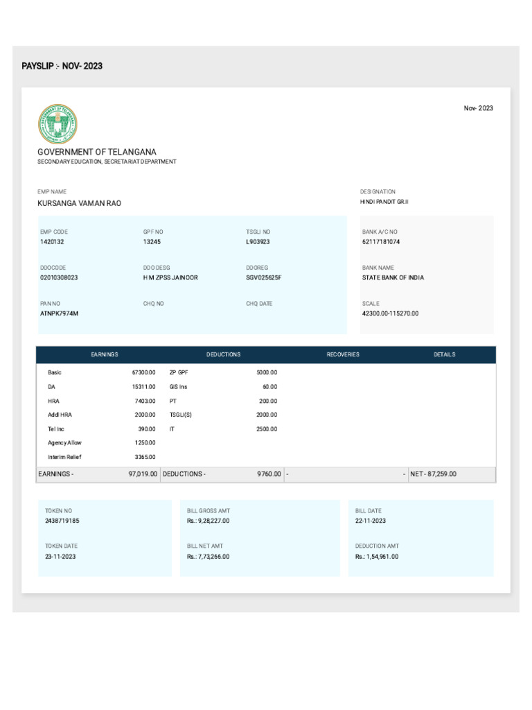 Telangana Payslip November 2023 | PDF