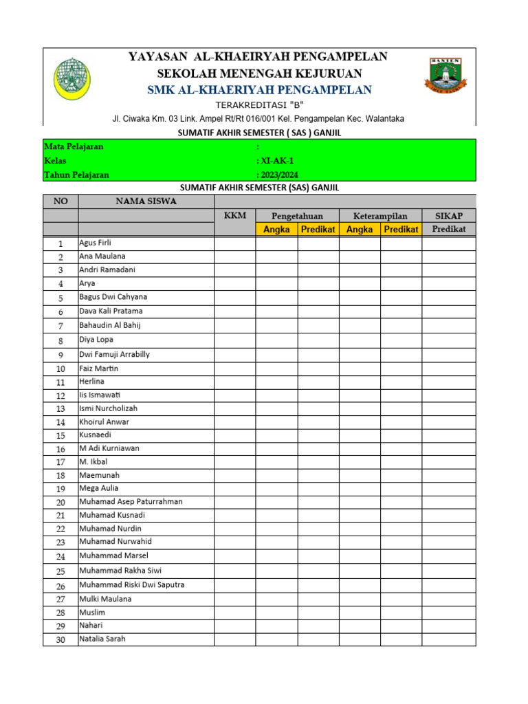 Nilai Format Sas Ganjil 2023-2024 | PDF