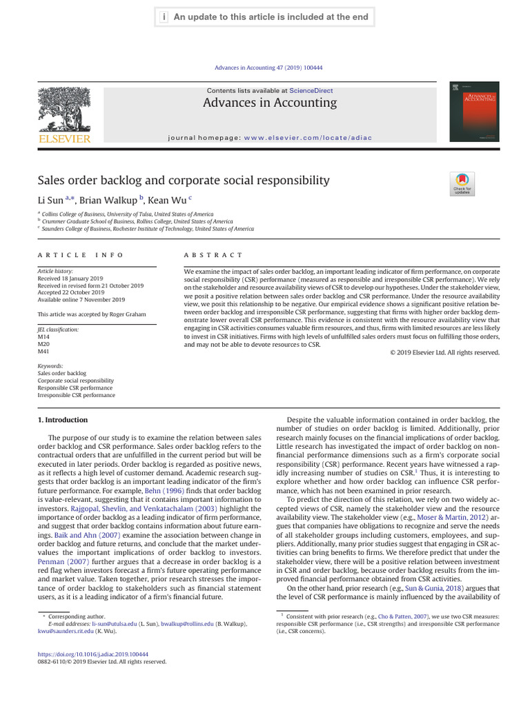 Sales Order Backlog | PDF | Corporate Social Responsibility | P Value