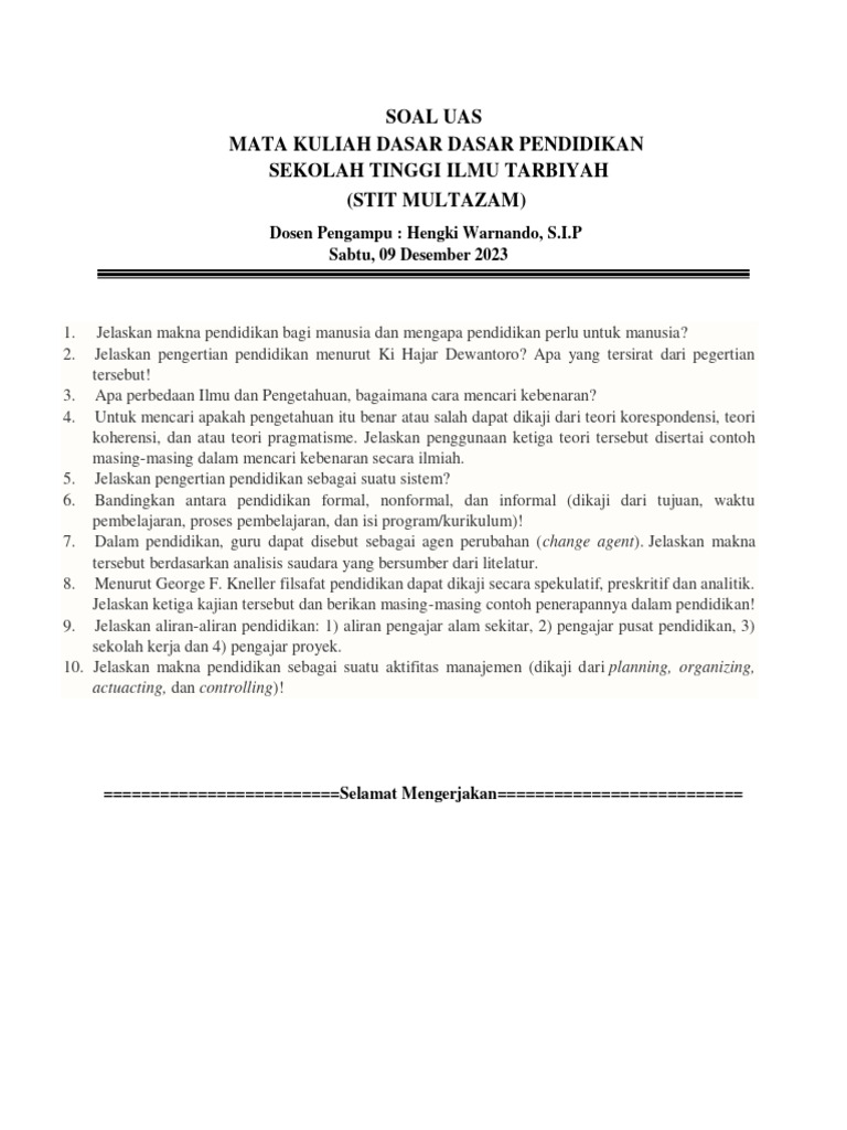 SOAL UAS Dasar Dasar Pendidikan (STIT) | PDF | Karier & Perkembangan | Ilmu Sosial