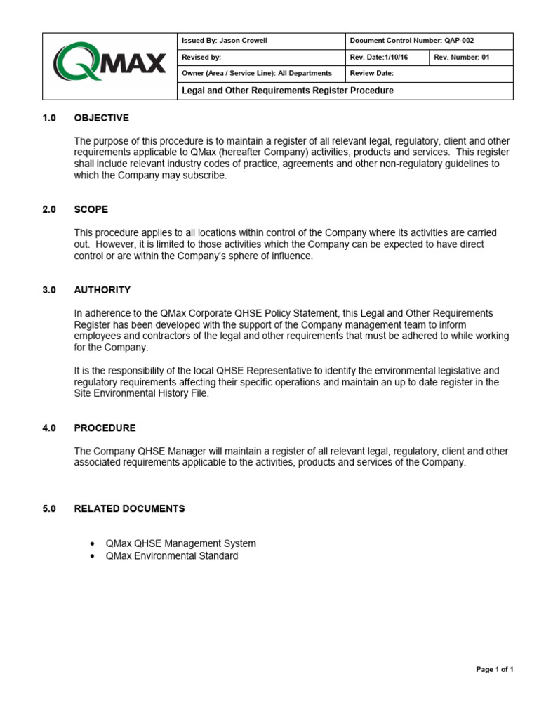Legal and Other Requirements Register | PDF