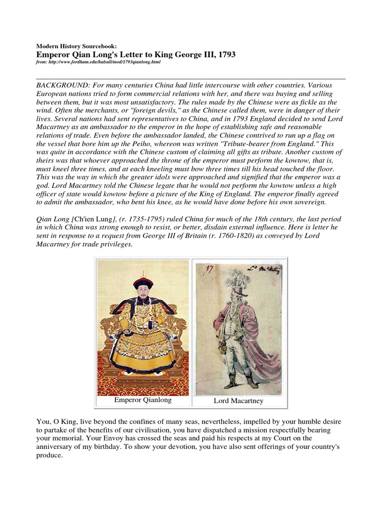 Emperor Qian Long's 1793 Letter to King George III | PDF | Barbarian