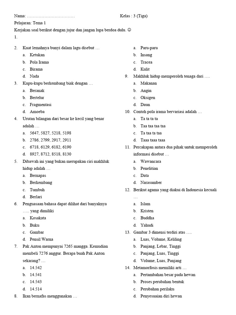 Soal PAS Semester 1 Kelas 3 SD Tema 1 - 4 | PDF