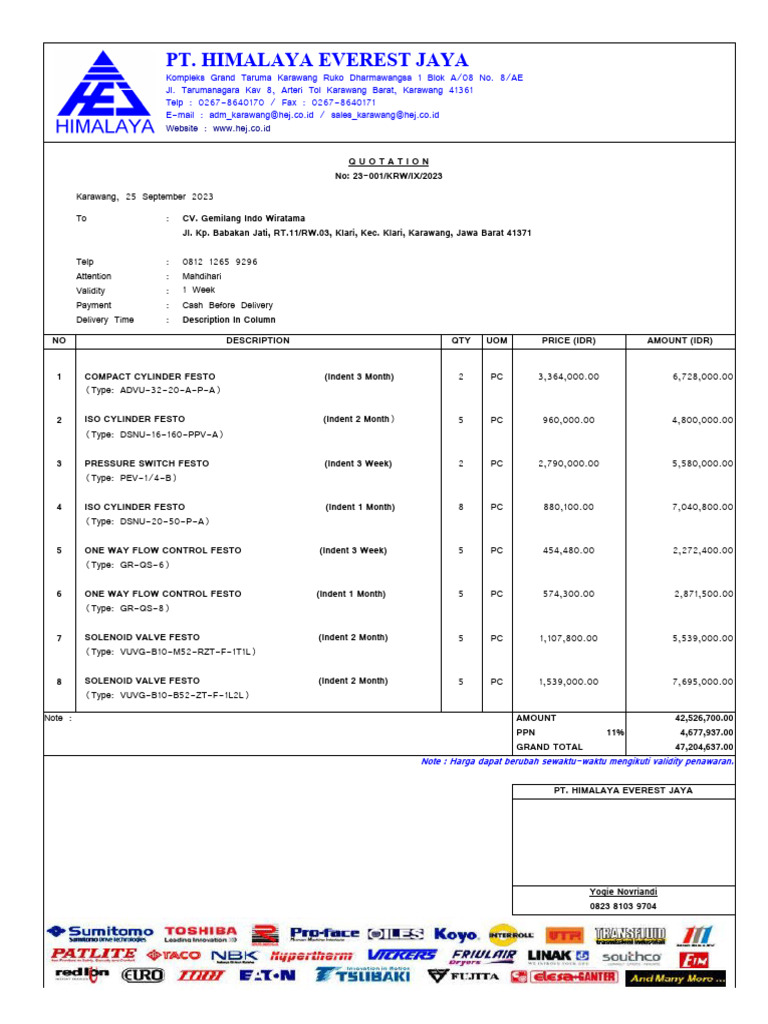 QT 23-001 Cv. Gemilang Indo Wiratama | PDF | Hydraulics | Gas Technologies