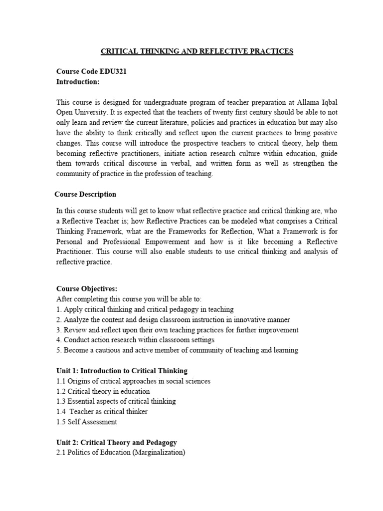 Critical Thinking Outline1 | PDF | Reflective Practice | Critical Thinking