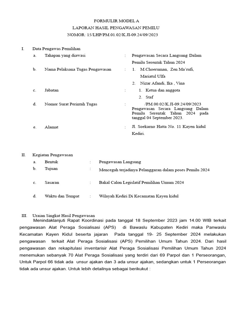 Formulir Model A Laporan Hasil Pengawasan Pemilu Aps | PDF