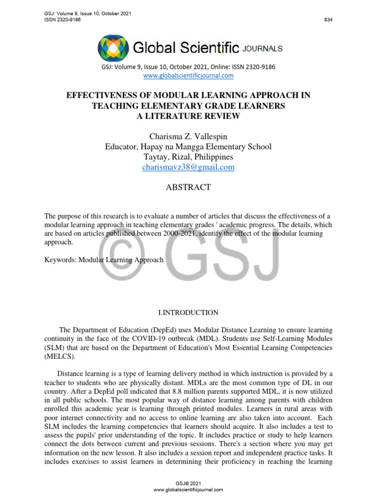 Effectiveness of Modular Learning Approach in Teaching Elementary Grade ...