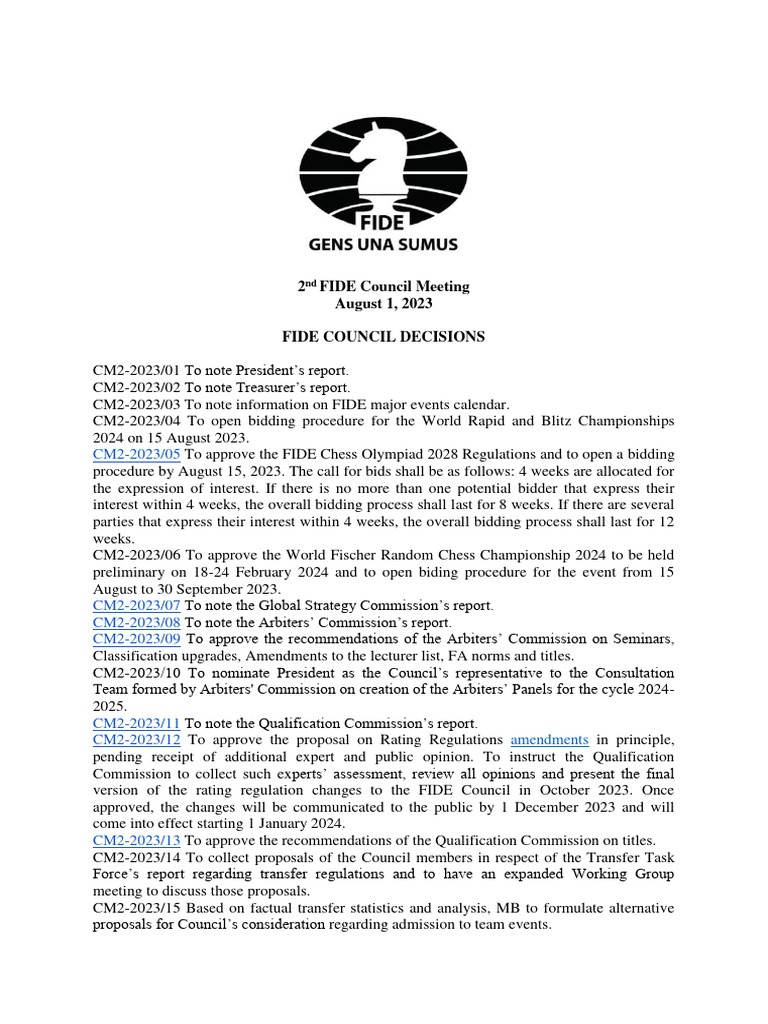FIDE Council Meeting Decisions 2023 | PDF | Chess