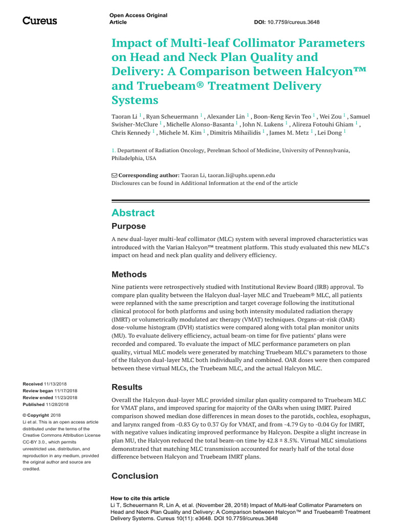 A Comparison Between Halcyon™ and Truebeam® Treatment Delivery Systems ...