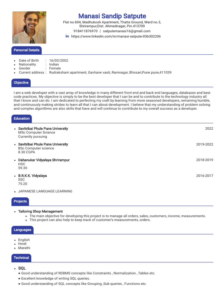 CV Manasi Satpute | PDF | Java (Programming Language) | Html Element CV Manasi Satpute | PDF | Java (Programming Language) | Html Element