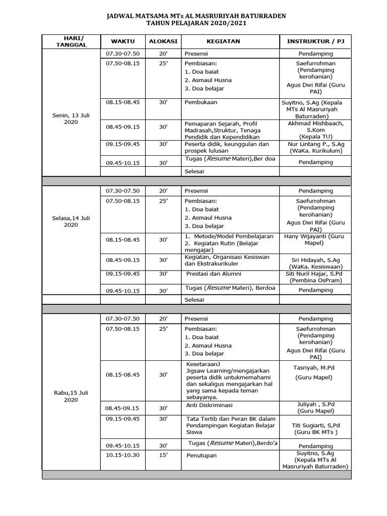 Jadwal Matsama MTs Al Masruriyah 2020 | PDF