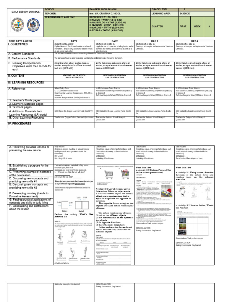 Q1 WEEK 3 SCIENCE 8 DLL | PDF | Force | Learning
