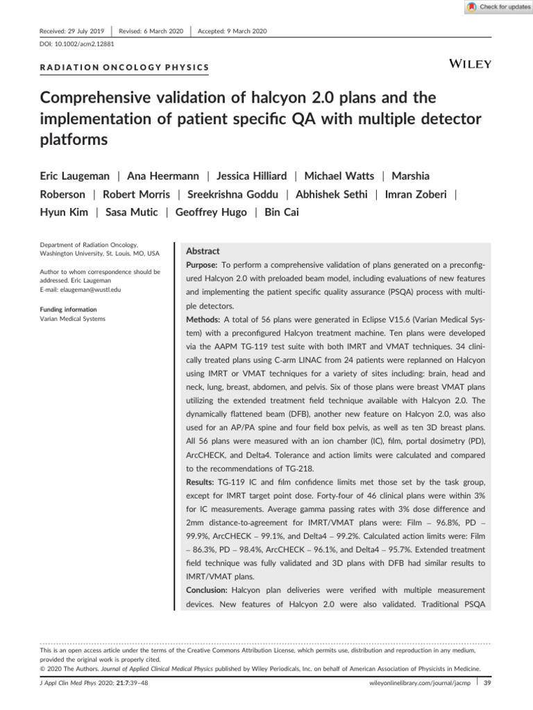 Comprehensive Validation of Halcyon 2.0 Plans and The Implementation of Patient Specific QA With ...