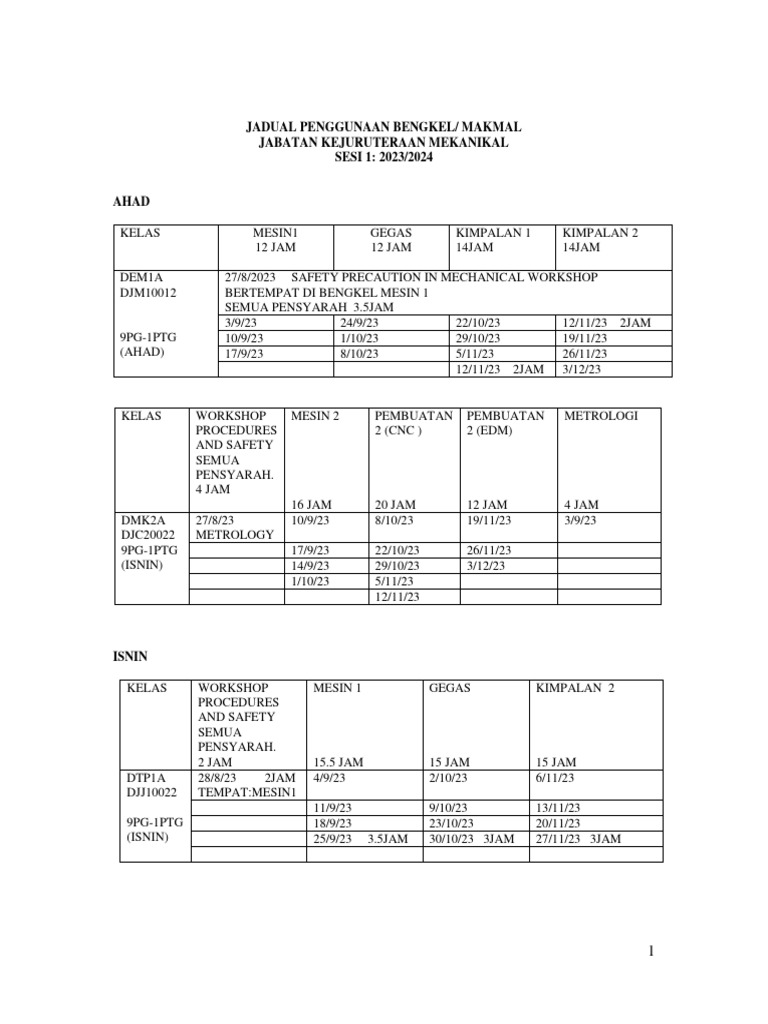 JADUAL BENGKEL S1 2023 2024pindaan3 | PDF