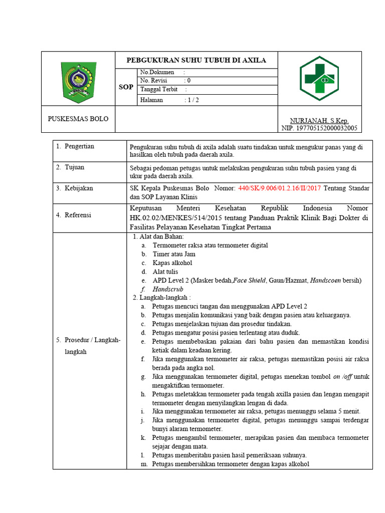 Sop Pemeriksaan Suhu 2020 | PDF