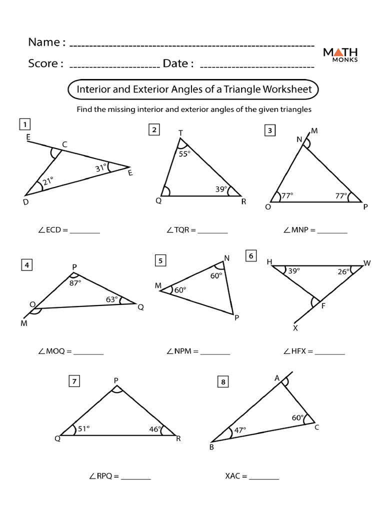 Interior and Exterior Angles of A Triangle Worksheet | PDF