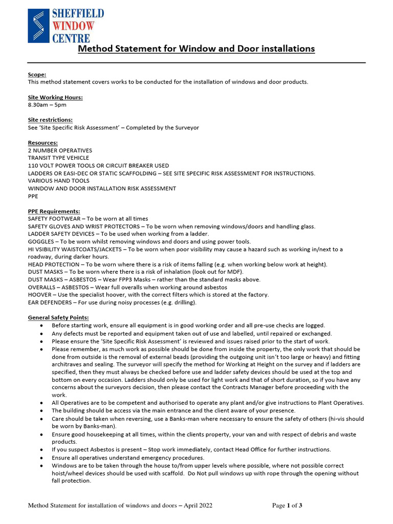 Method Statement For Window and Door Installation April 2022 | PDF | Personal Protective ...