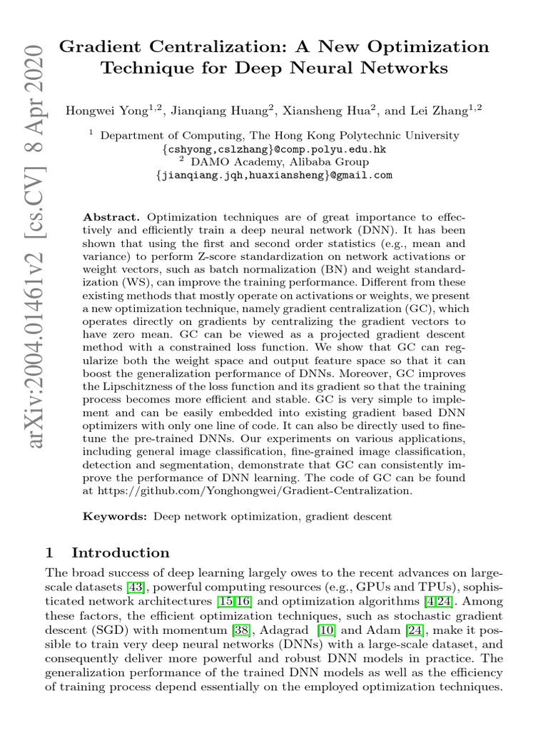 Gradient Centralization - A New Optimization Technique For Deep Neural Networks (2020) | PDF ...